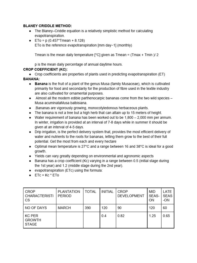 Blaney-Criddle Method for Banana ET Calculation | PDF | Banana ...