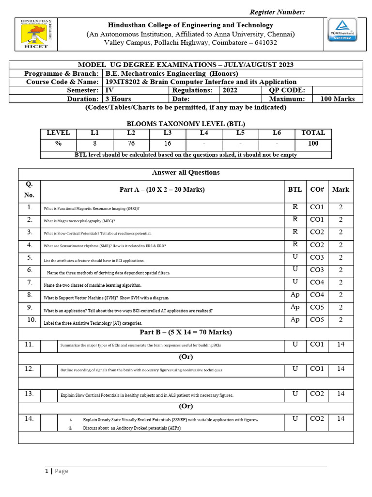 Model Exam QP - 19MT8202 - BCIA - SET-B | PDF | Cognitive Science ...