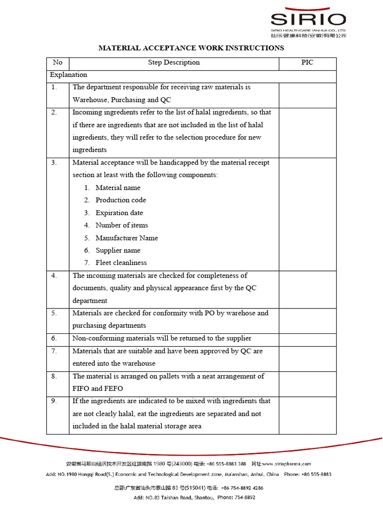 Material Acceptance Work Instructions | PDF