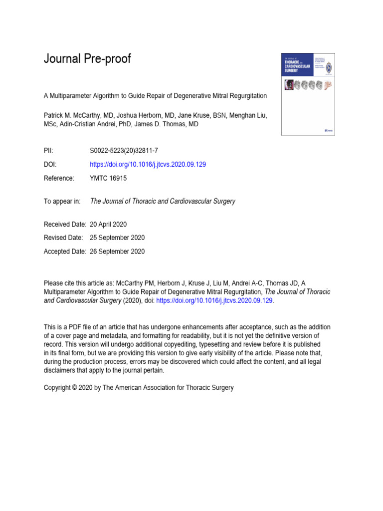 A Multiparameter Algorithm To Guide Repair of Degenerative Mitral Regurgitation | PDF ...