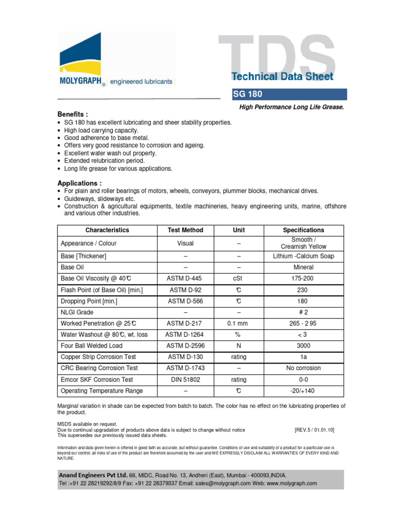 SG 180 Shear Spray Lubricant Overview | PDF | Materials | Chemical ...