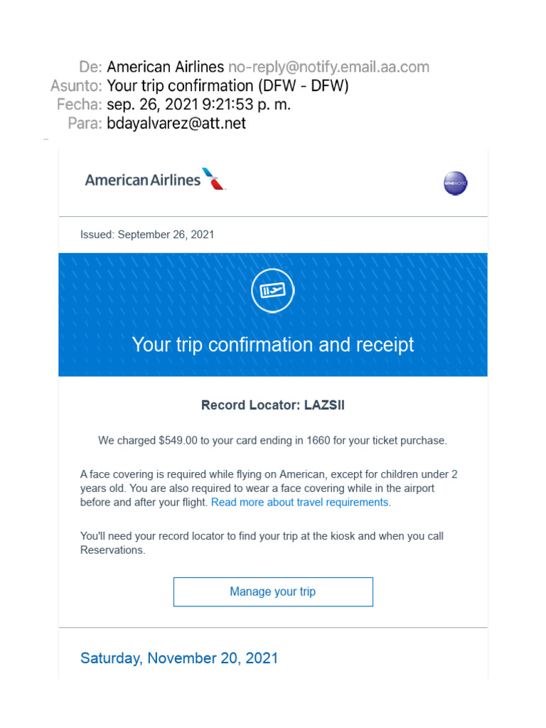 Your Trip Confirmation (DFW - DFW) | PDF | Baggage | American Airlines