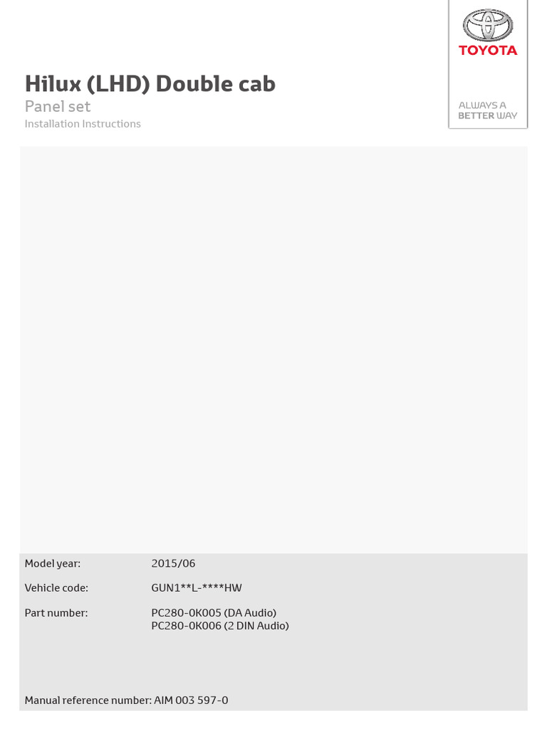 Toyota Hilux 2015 Panel Set (LHD) Installation Instructions | PDF | Off ...