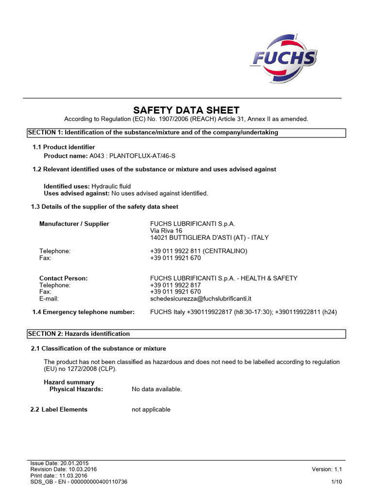 MSDS - Plantoflux-At - 46-S (830 - 2015) (GB) | PDF | Toxicity ...