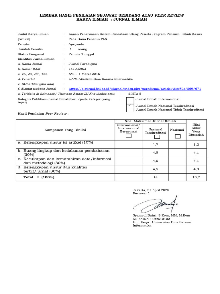 PEER REVIEW JURNAL Kajian Penerimaan Sistem Pendataan Ulang Peserta Program Pensiun Studi Kasus ...