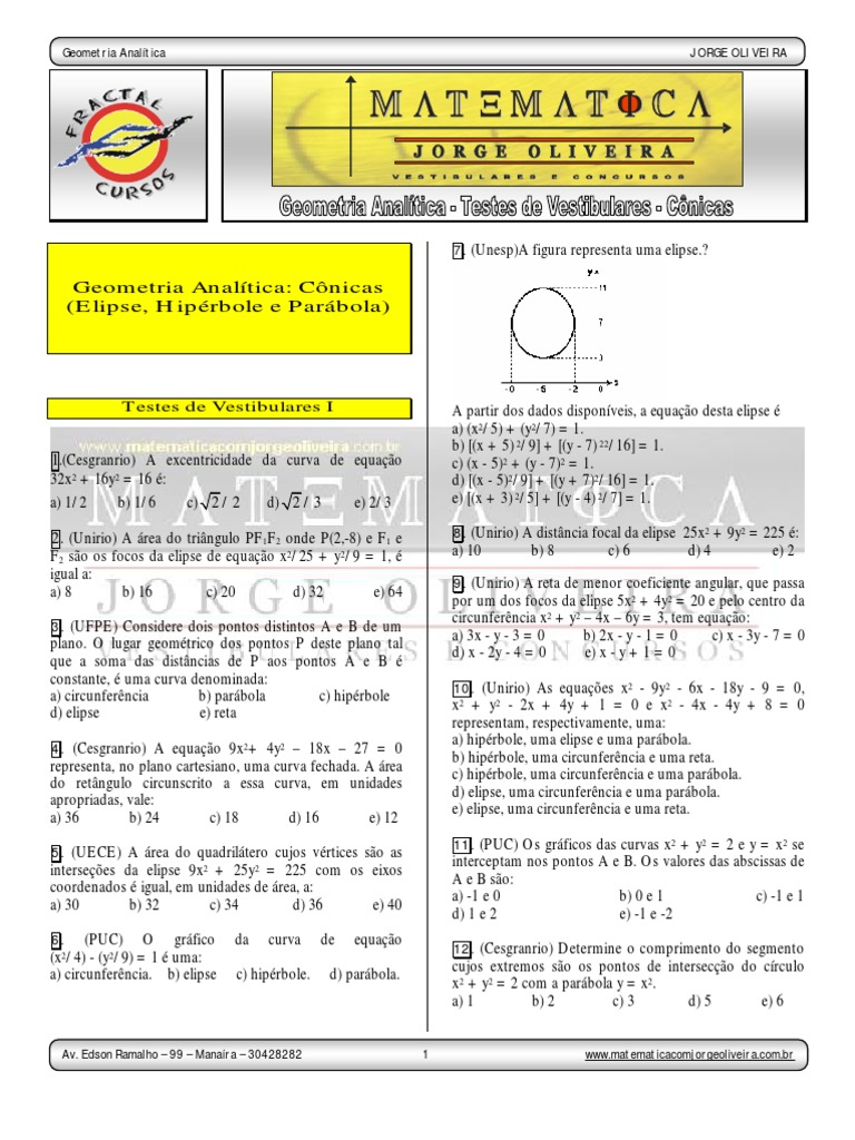 Mat Geometria Analitica - 001 | PDF | Círculo | Elipse