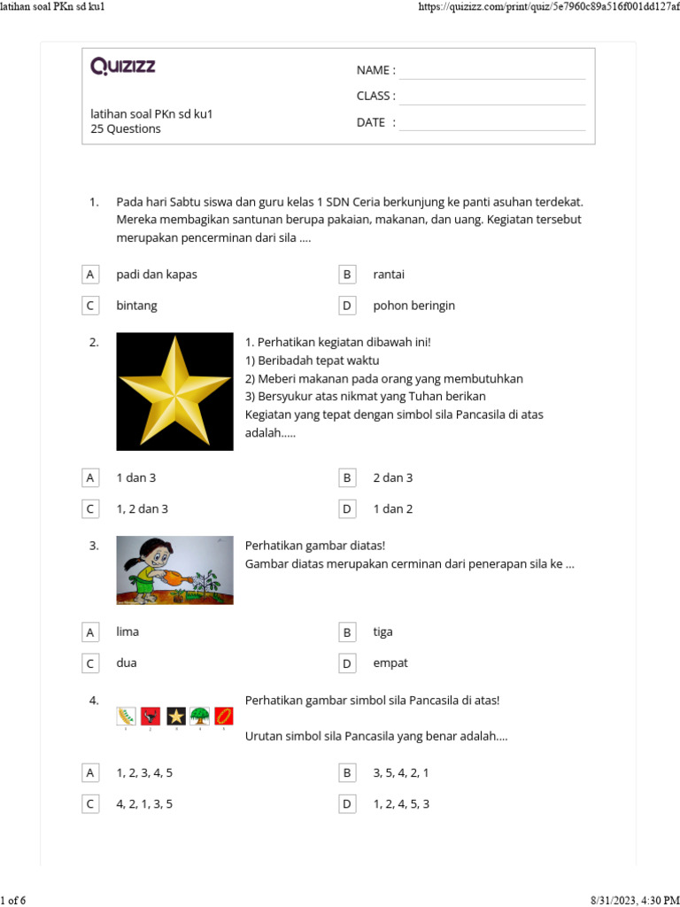 Latihan Soal PKN SD Ku1 With Answer | PDF