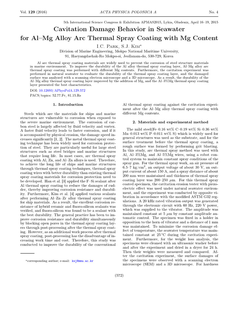 Cavitation Damage Behavior in Seawater For Al-Mg Alloy Arc Thermal ...