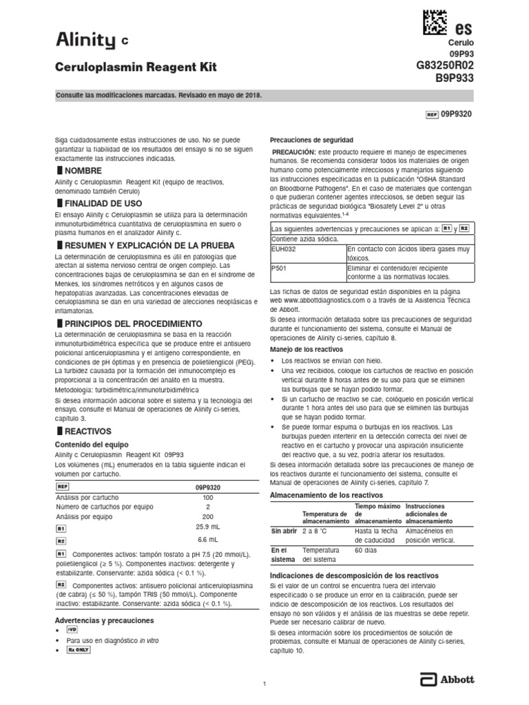 Uso y manejo del kit Ceruloplasmina | PDF