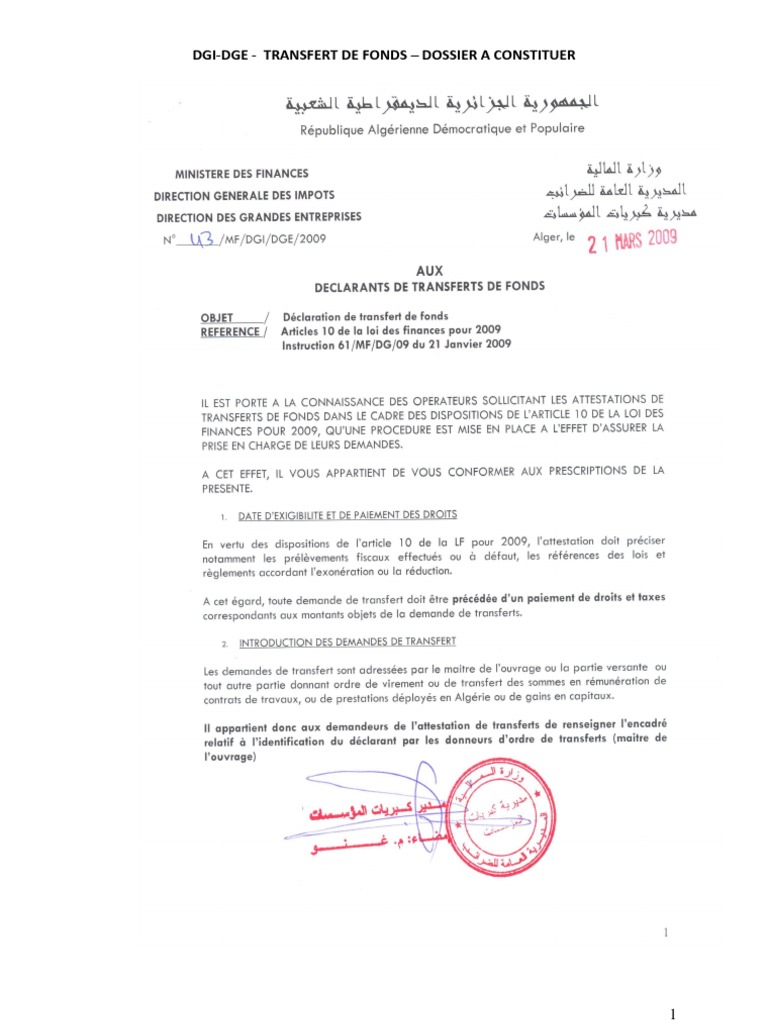 Dossier pour transfert de fonds DGI-DGE | PDF | Taxe sur la valeur ...