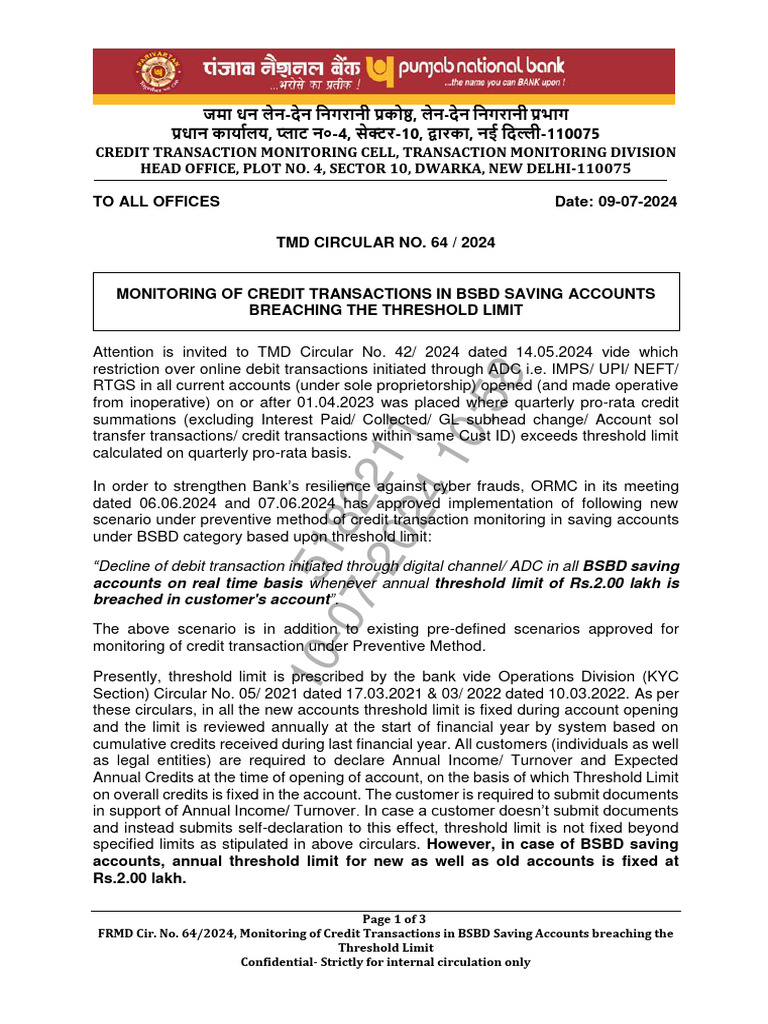 TMD CIRCULAR NO 64_2024 FOR BSBDA THRESHOLD | PDF | Debit Card | Payments