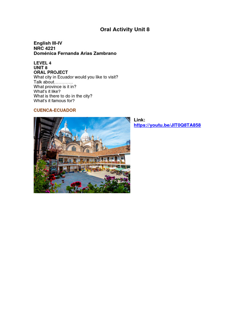 Doménica Fernanda Arias Zambrano - LEVEL 4 Oral Project Unit 8 | PDF