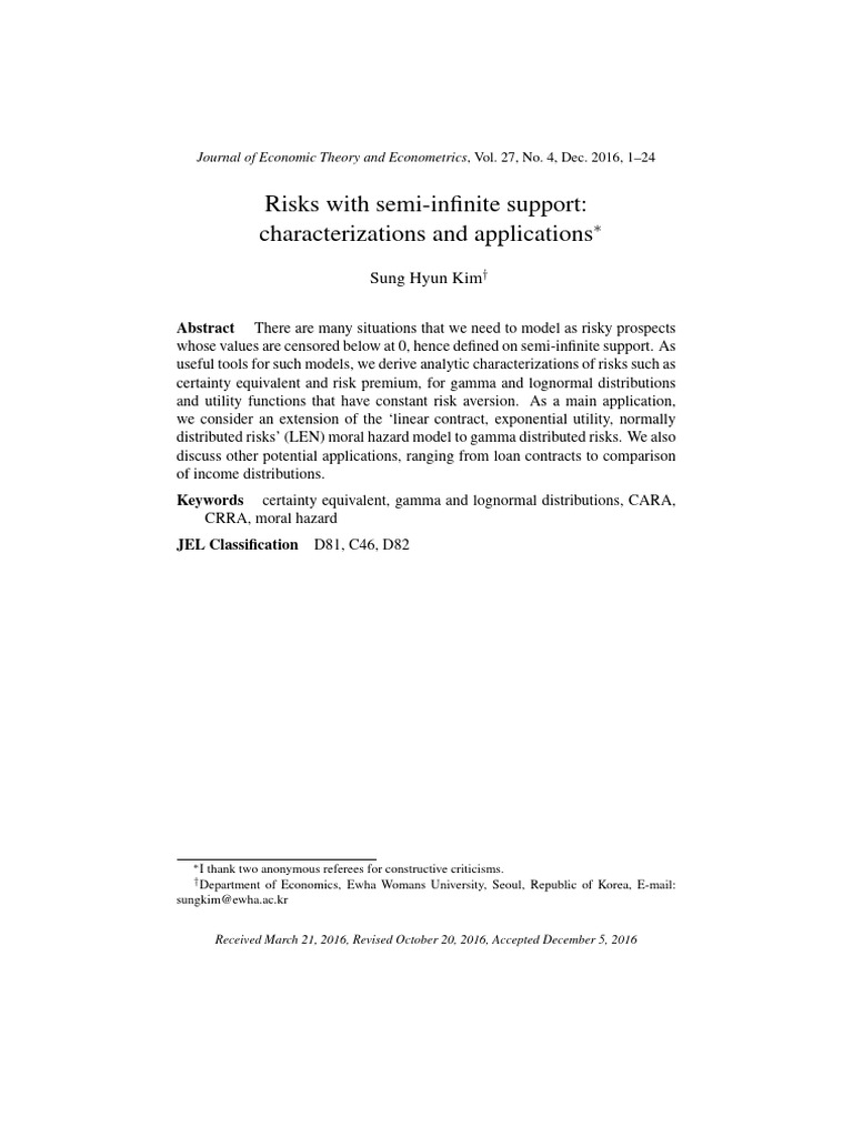 Characterizing Risks with Semi-Infinite Support | PDF | Risk Aversion ...