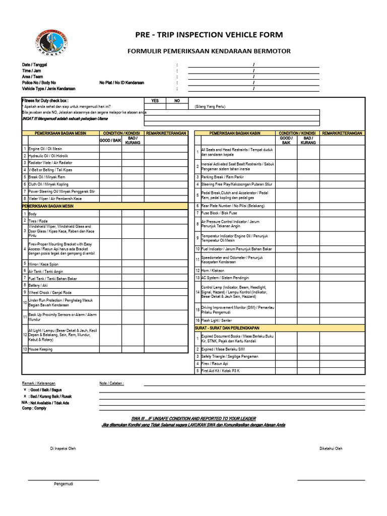 Form Ceklist Pemakaian Kendaraan | PDF