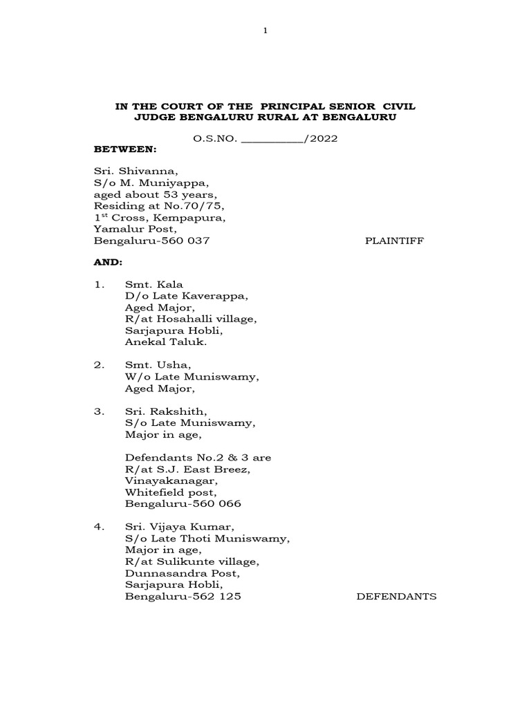 MEMORANDUM OF PLAINT UNDER SECTION 26 READ WITH ORDER VII RULE 1 | PDF | Lawsuit | Deed