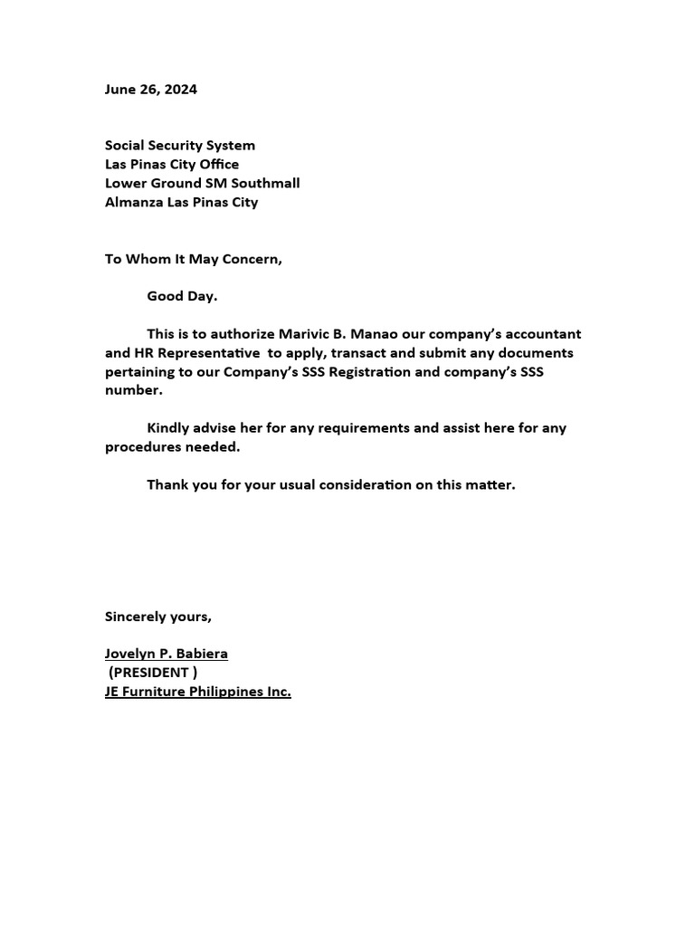 Authorization Letter for SSS Registration | PDF