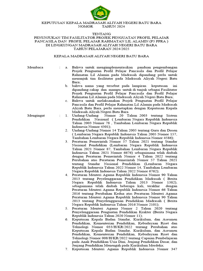 Penunjukan Fasilitator P5 Pancasila 2024 | PDF