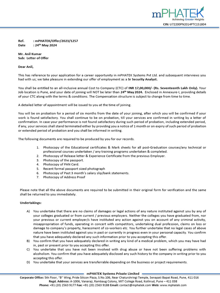 mPHATEK Job Offer for Sr Security Analyst | PDF | Non Disclosure ...