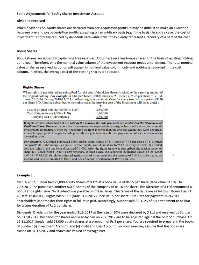Equity Shares Investment Adjustments Guide | PDF | Business | Finance ...