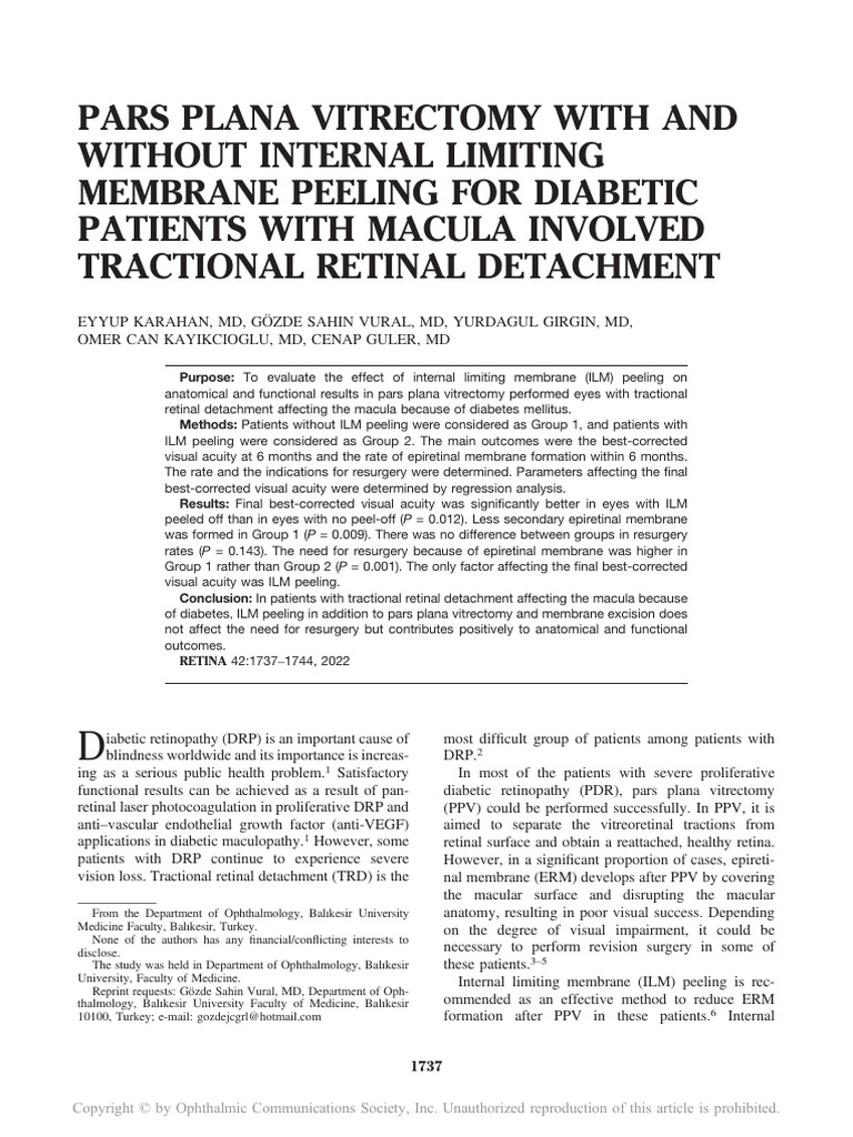 Pars Plana Vitrectomy With and Without Internal Limiting Membrane Peeling For Diabetic Patients ...