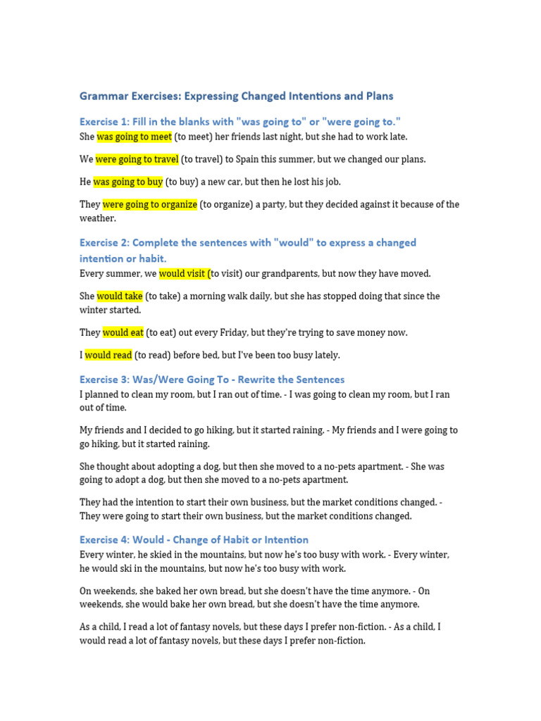 Grammar Exercise Changed Plans and Intentions | PDF