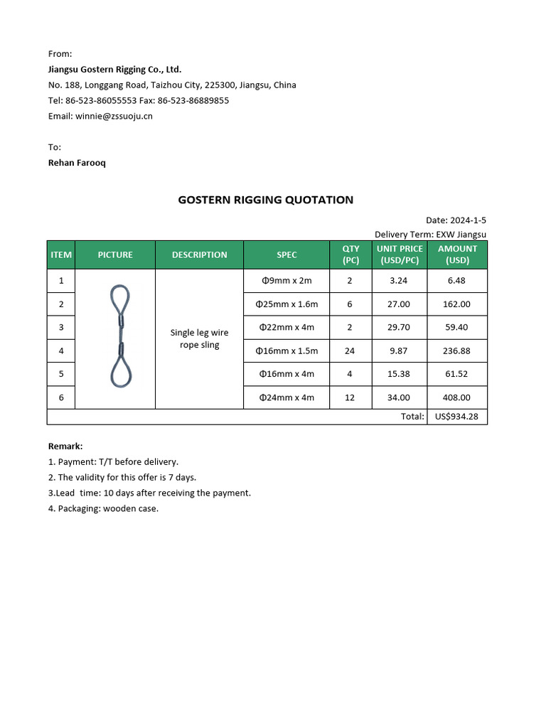 Wire Rope Sling Quotation-Gostern0105 | PDF