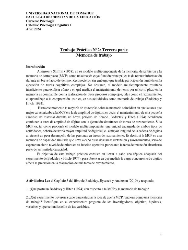 TP 2. Parte 3. Memoria de Trabajo (Psicología Cognitiva, 2024) | PDF | Memoria | Memoria de trabajo