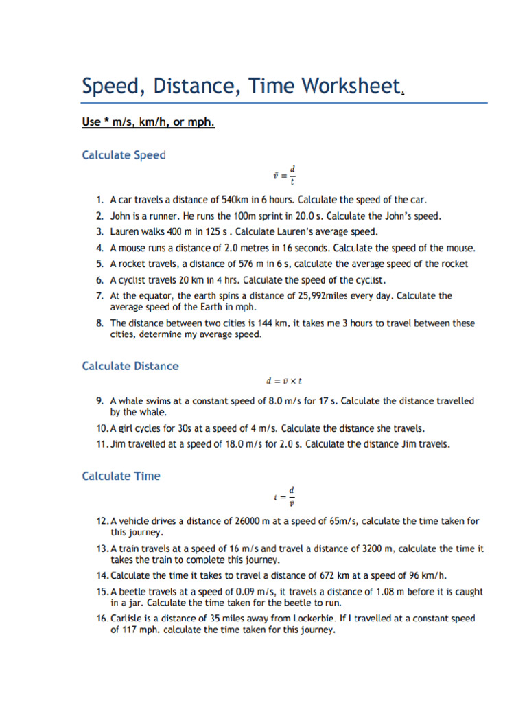 Speed Distance and Time Calculations | PDF