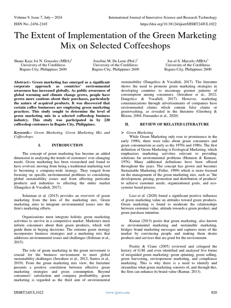 The Extent of Implementation of The Green Marketing Mix On Selected Coffeeshops | PDF ...