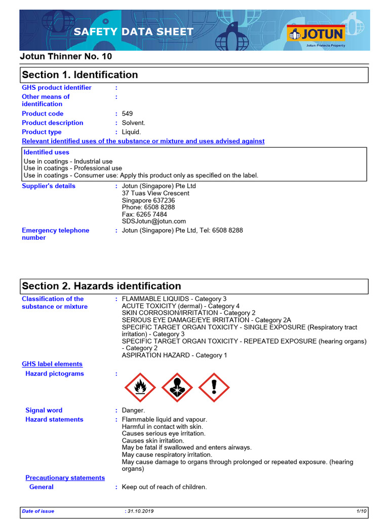 Jotun Thinner No. 10 Safety Data Sheet | PDF | Toxicity | Occupational ...
