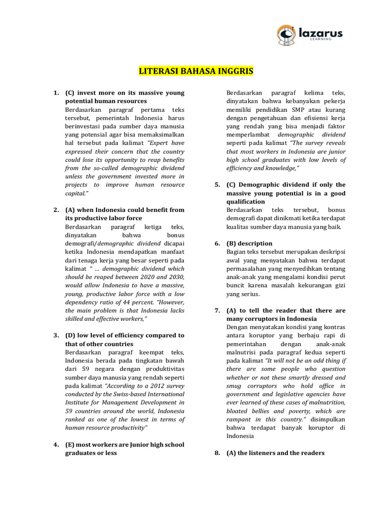(Pembahasan) Literasi Bahasa Inggris 021 | PDF