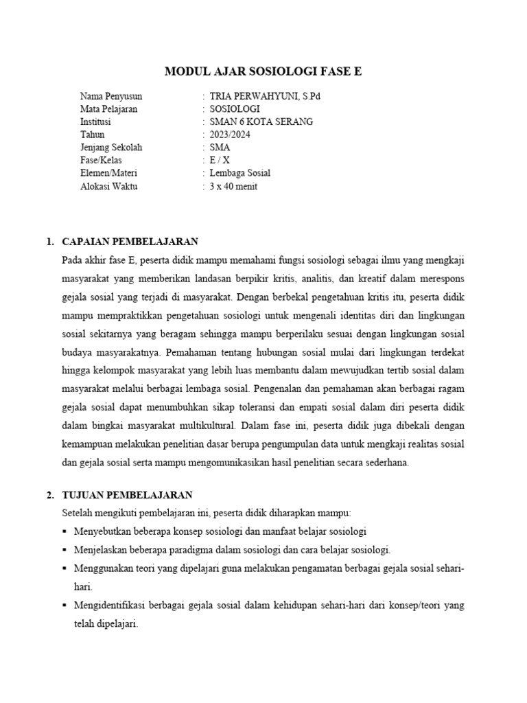 Modul Ajar Sosiologi Fase e | PDF | Karier & Perkembangan | Ilmu Sosial