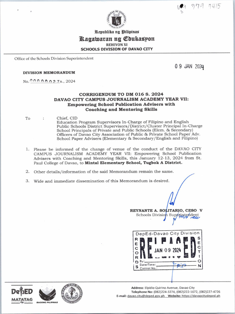 2024 DM No. 027 Corrigendum To DM 016 S. 2024 Davao City Campus ... 2024 DM No. 027 Corrigendum To DM 016 S. 2024 Davao City Campus ...