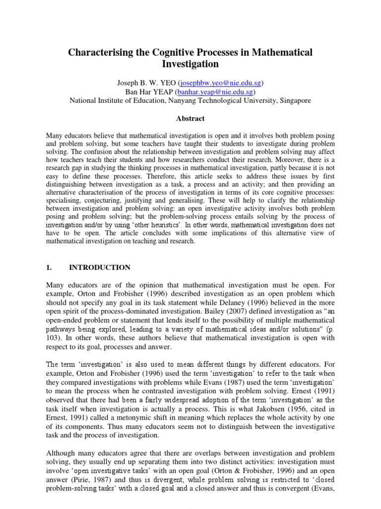 Cognitive Processes in Math Investigation | PDF