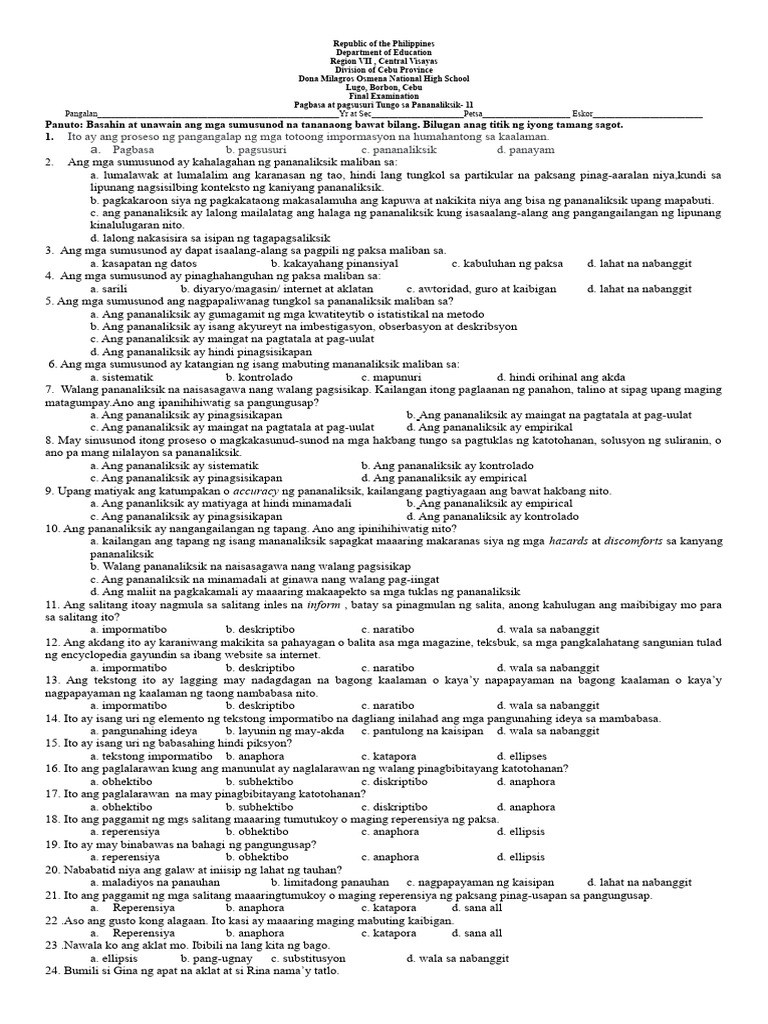 Semi-Final 2020 (Pagbasa at Pagsusuri Rtungo Sa Pananaliksik) - 11 | PDF