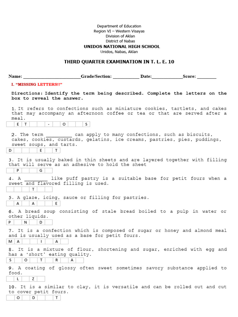 4th Quarter Examination - BPP10 | PDF | Custard | Cakes