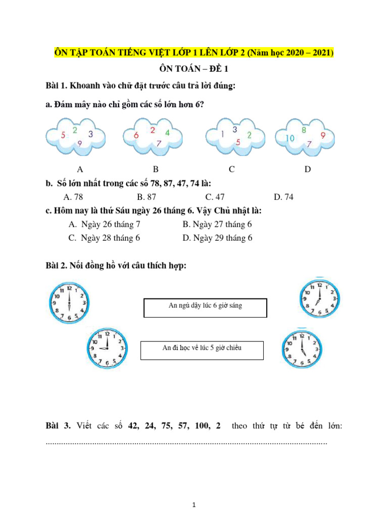 On He Toan Tieng Viet Lop 1 Len Lop 2 Nam Hoc 2020 2021 | PDF