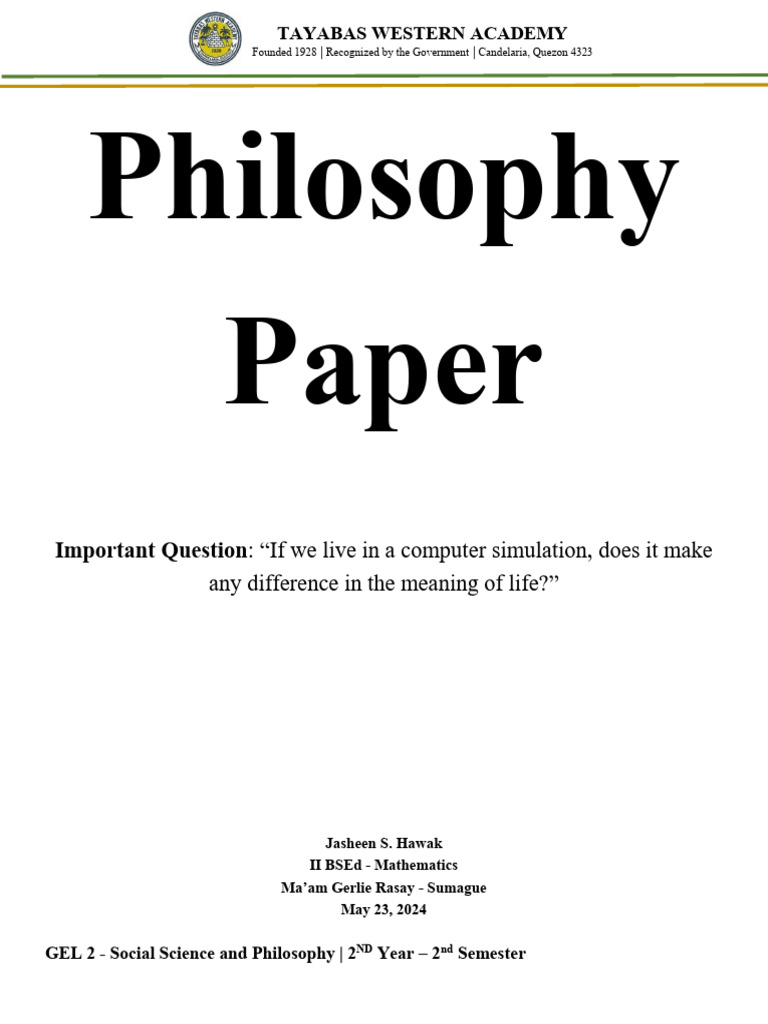 Philosophy Paper | PDF | Reality | Meaning Of Life