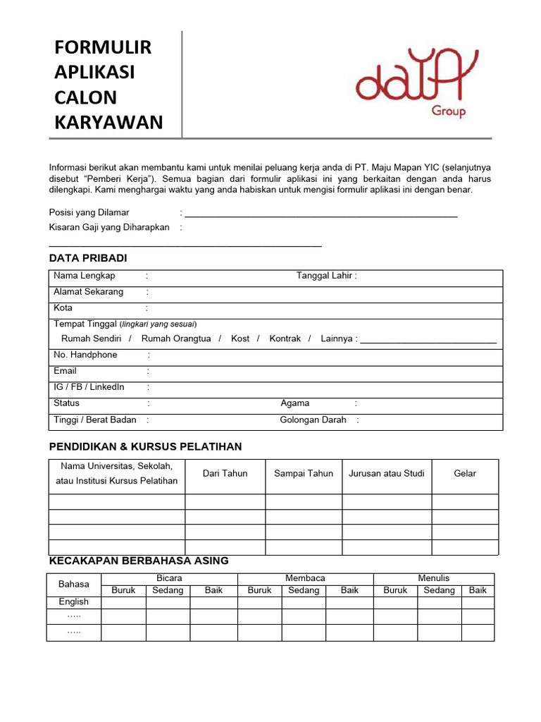 Form Aplikasi Calon Karyawan - (Nama) - (Posisi) | PDF