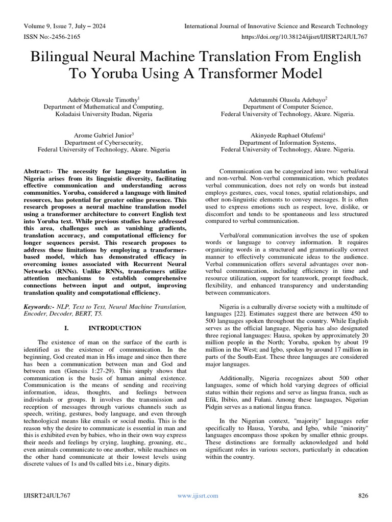 Bilingual Neural Machine Translation From English To Yoruba Using A Transformer Model | PDF ...