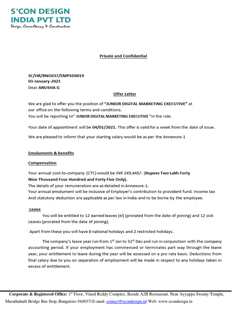 OFFER LETTER ANUSHA (1) | Download Free PDF | Employment | Salary