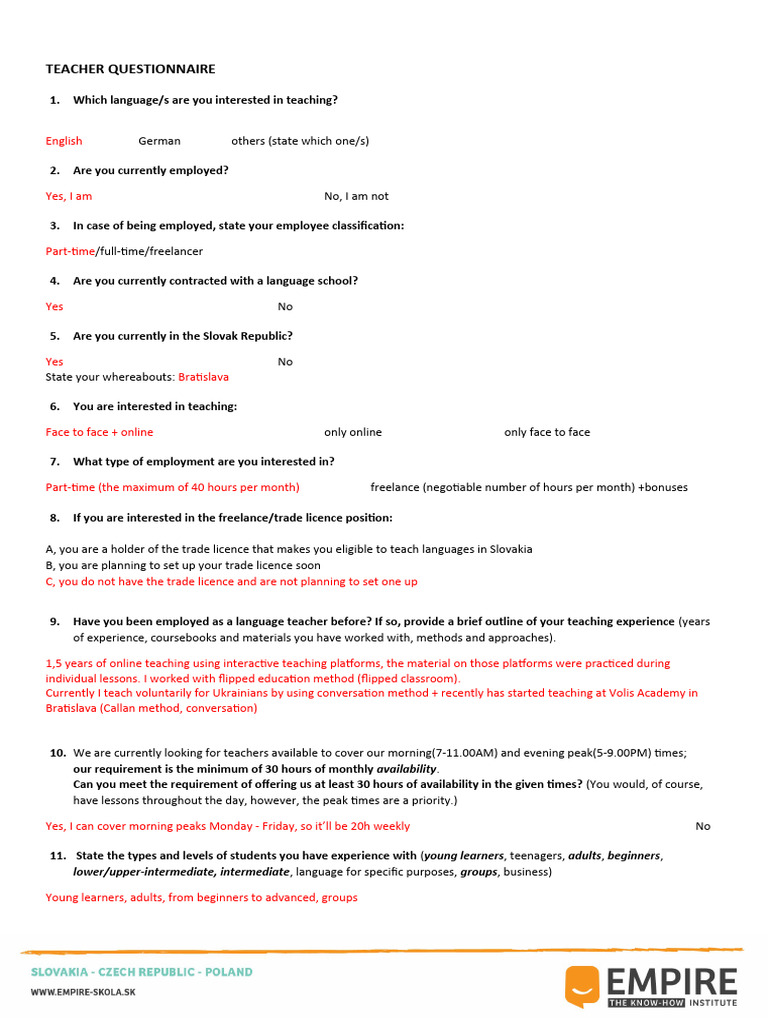EMPIRE Teacher Questionnaire | PDF | Learning | Teachers
