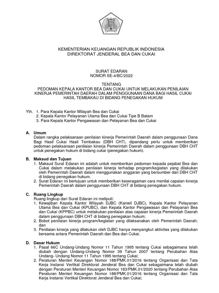 Se4 BC 2022 Se Pedoman Ka BC Penilaian Kinerja Pemda | PDF