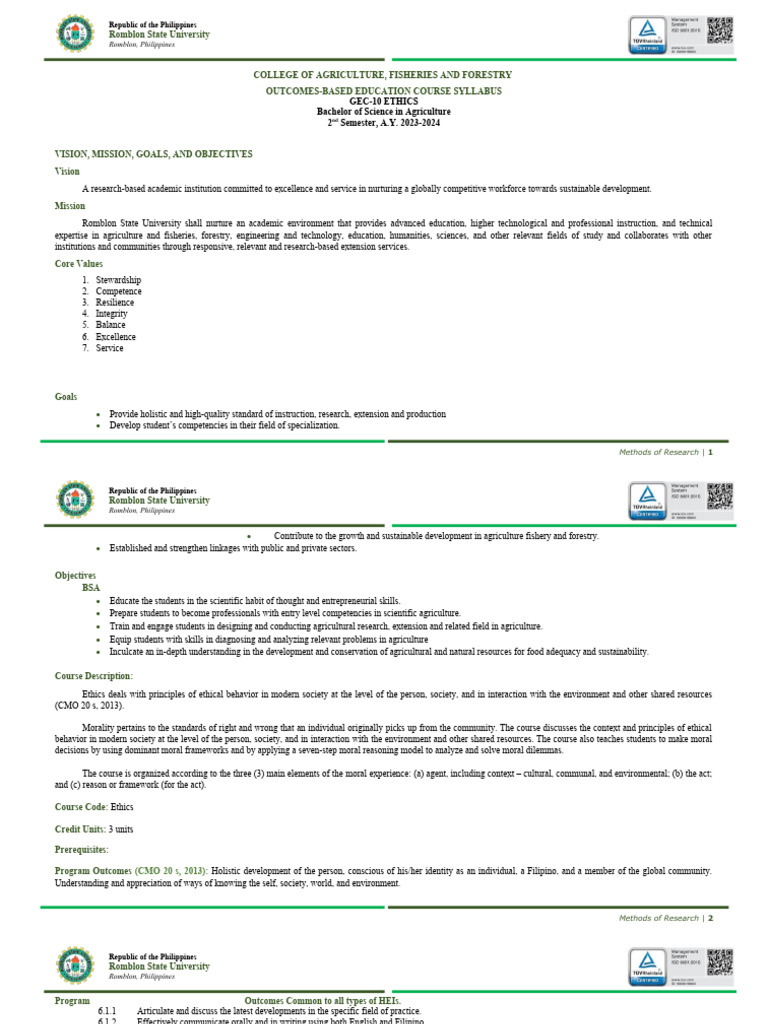 2024 Ethics Syllabus | PDF | Morality | Thought