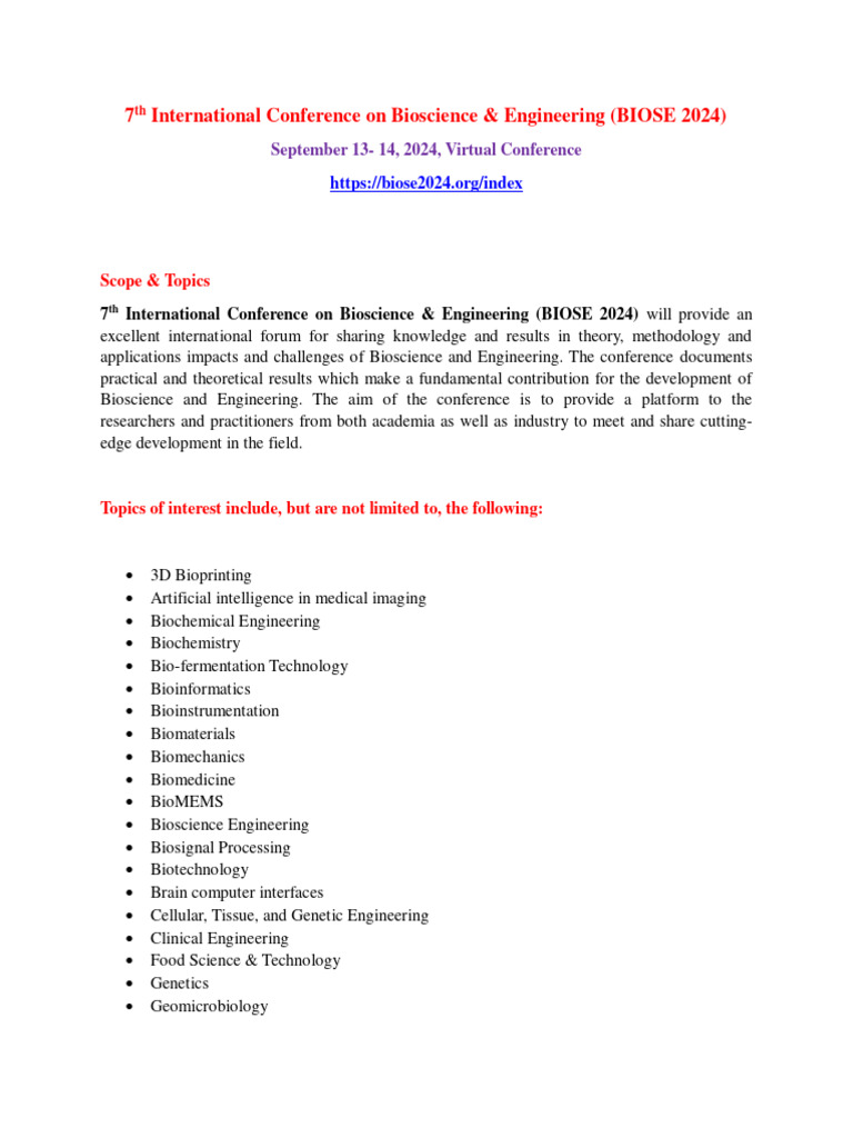 7th International Conference On Bioscience & Engineering (BIOSE 2024 ...