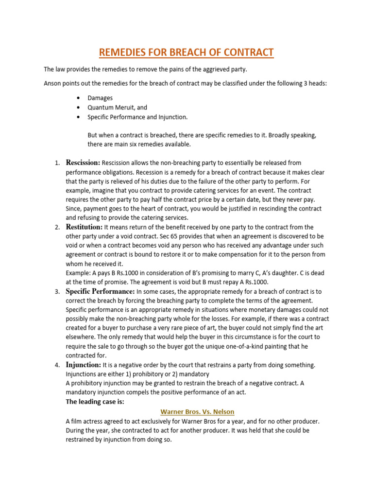 Remedies For Breach of Contract | PDF | Damages | Breach Of Contract