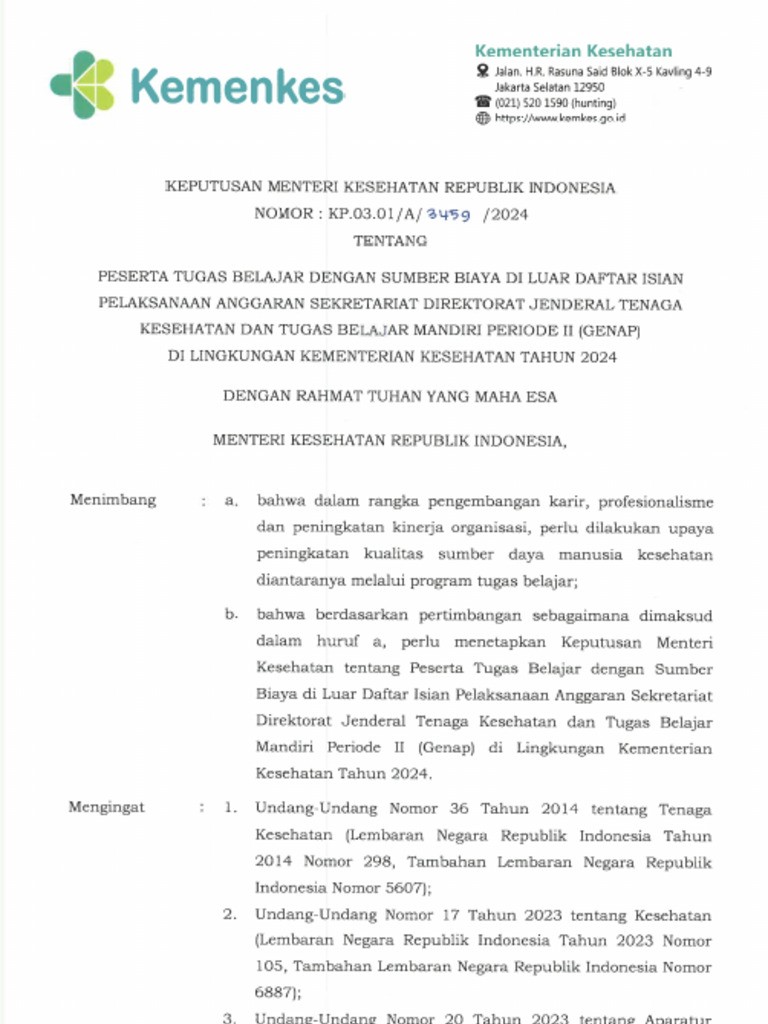 KMK No. KP.03.01-A-3459-2024 ttg Peserta Tugas Belajar Biaya Luar DIPA Setditjen Nakes dan Tugas ...