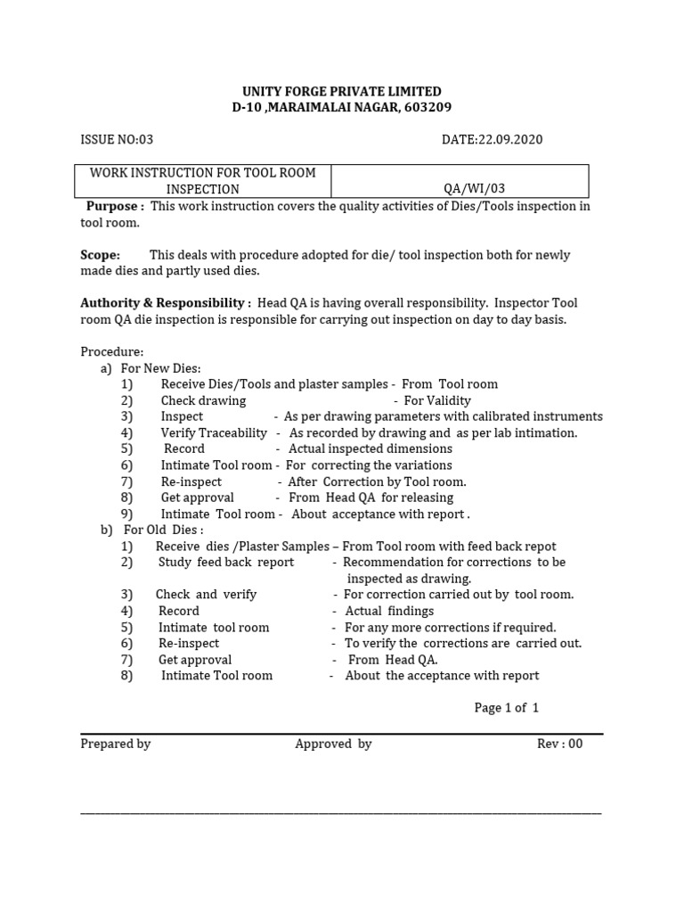 Work Instruction For Tool Room | PDF