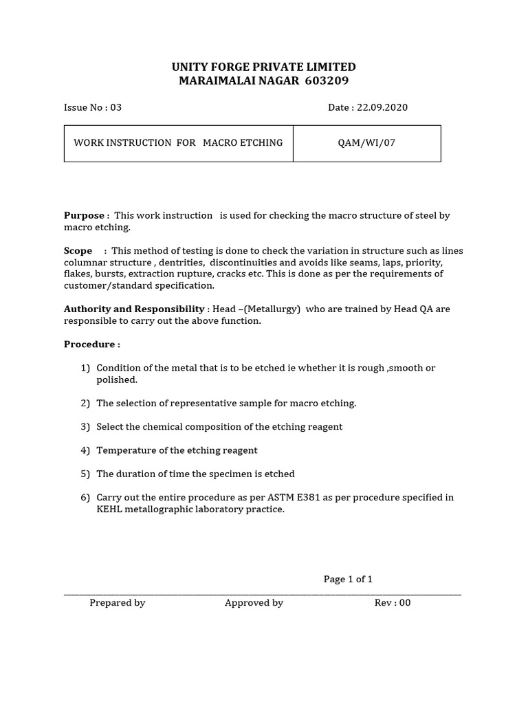 Macro Etching Work Instruction Guide | PDF