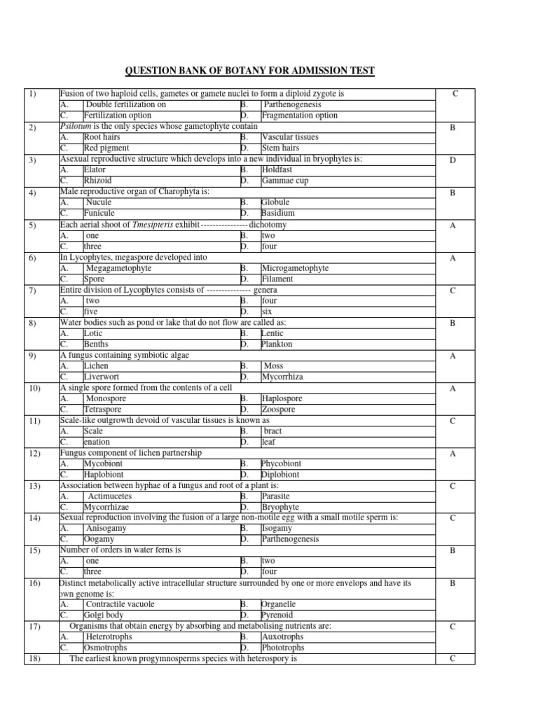 Botany Admission Test Question Bank | PDF | Tissue (Biology) | Leaf